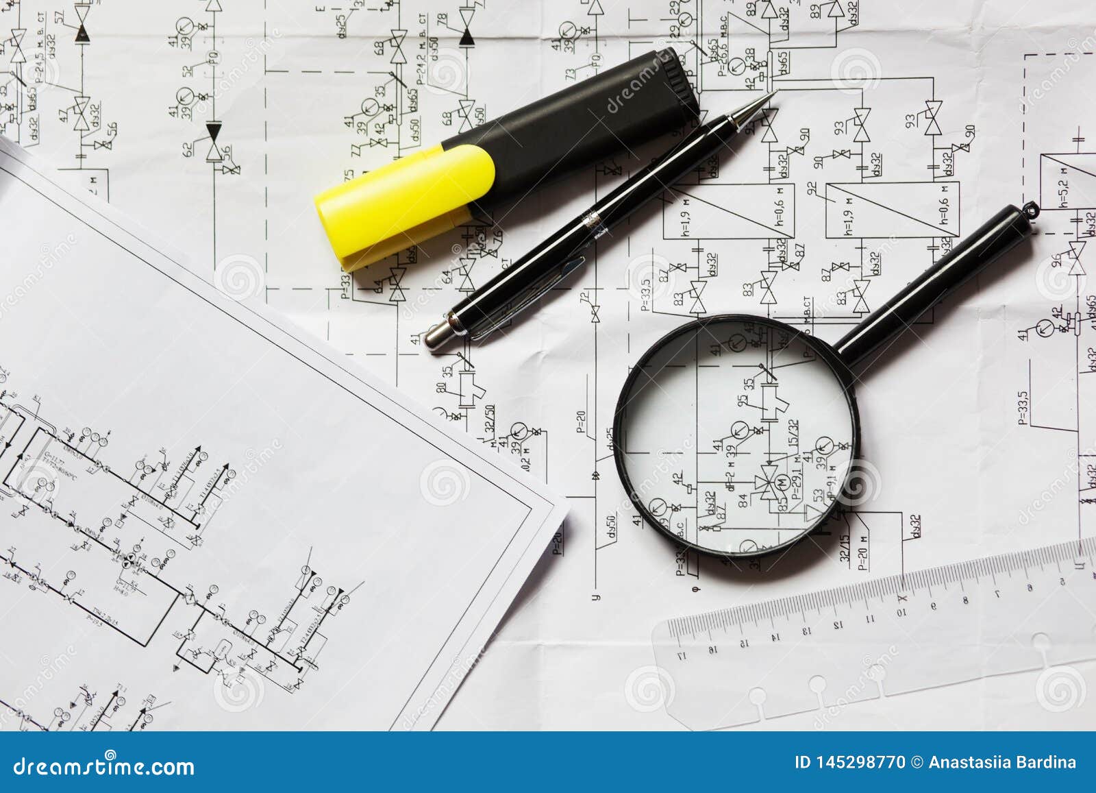 Engineeringl Drawing Paper for Construction with Magnifying Glass. Top ...