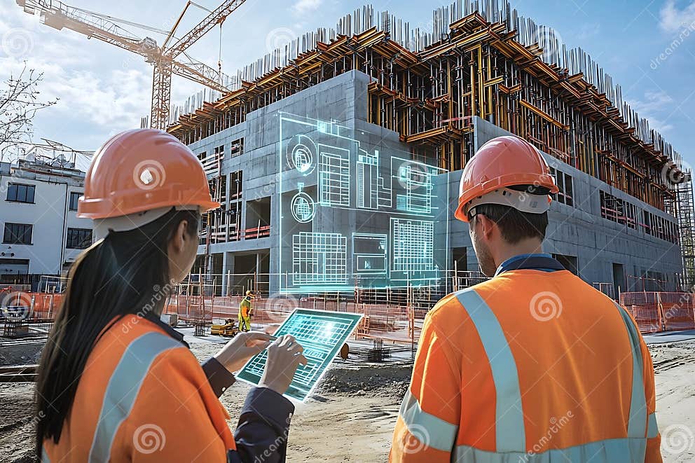Engineers Analyzing Augmented Building Specs at Construction Site with Data Visualization Icons ...