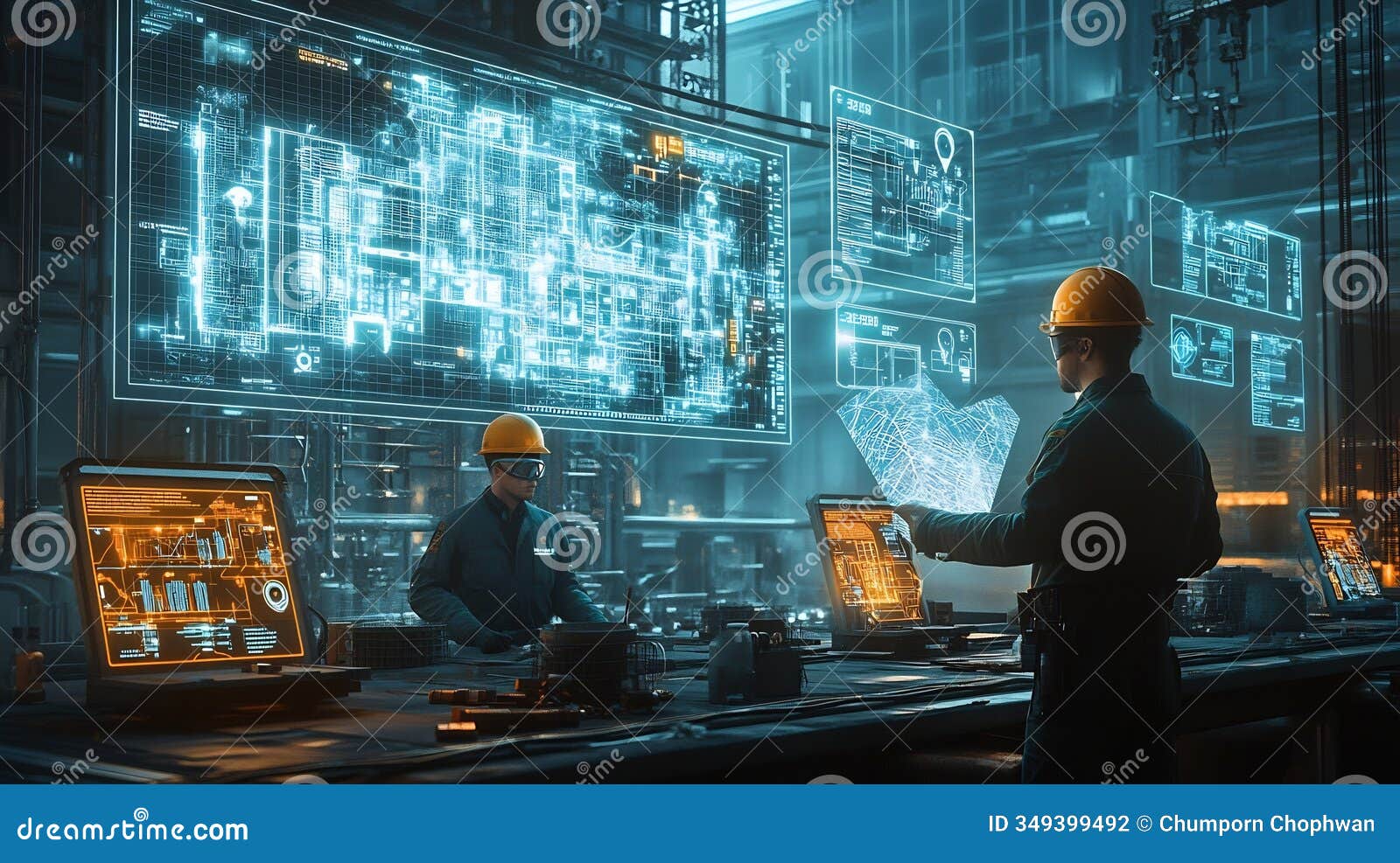 Engineers Analyzing 3D Building Projections and Digital Maps at Urban ...