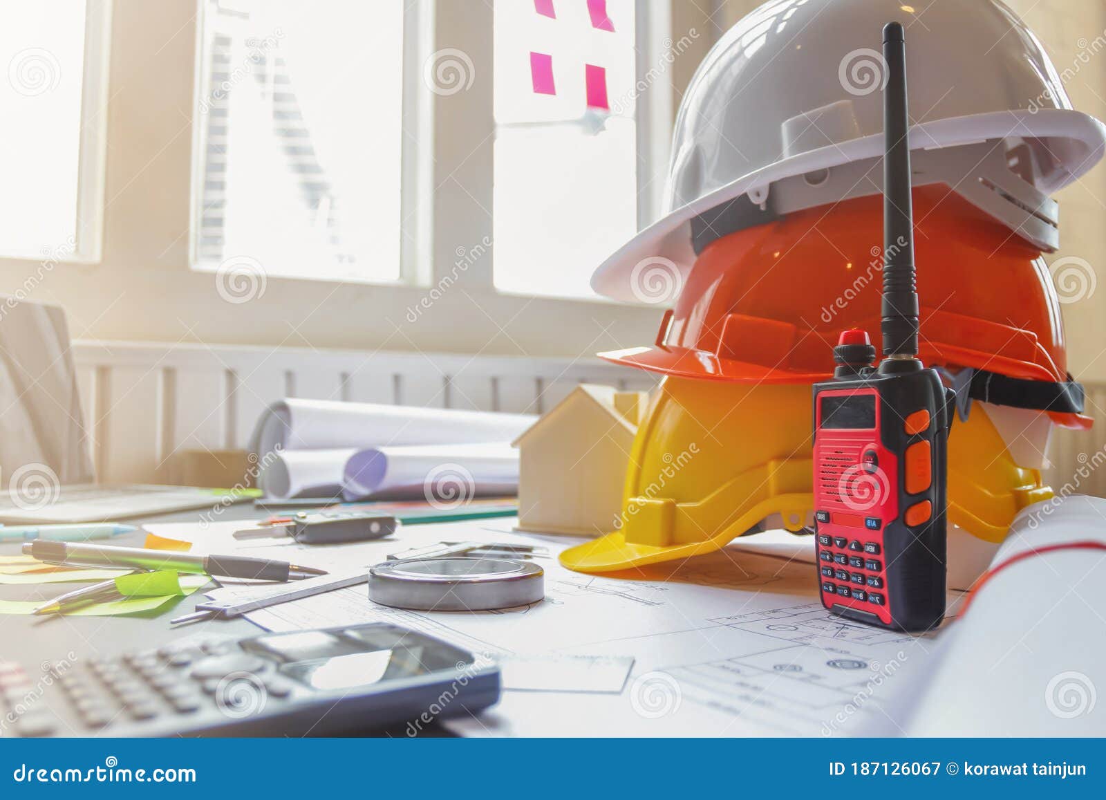 Engineers and Architects` Desk Filled with Blueprints, Stationery and ...