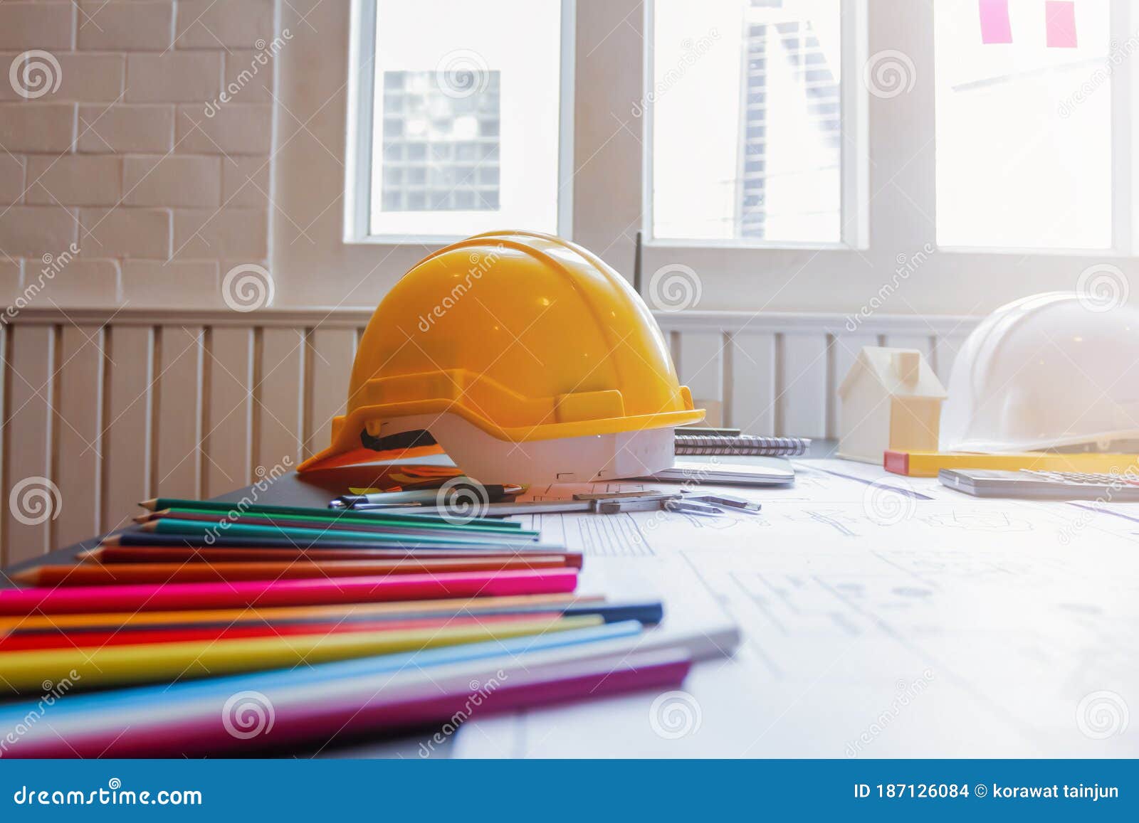 Engineers and Architects` Desk Filled with Blueprints, Stationery and ...