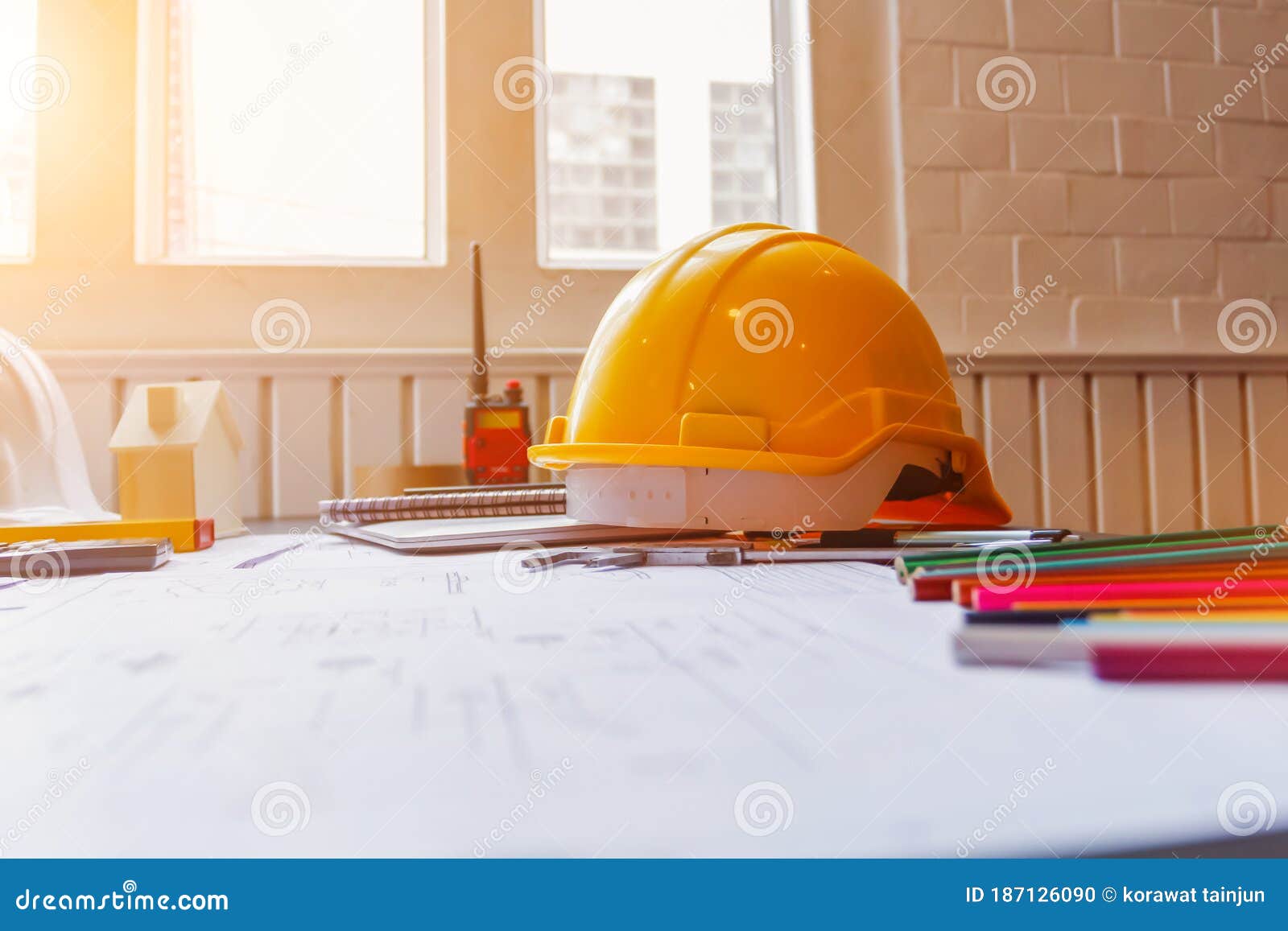 Engineers and Architects` Desk Filled with Blueprints, Stationery and ...