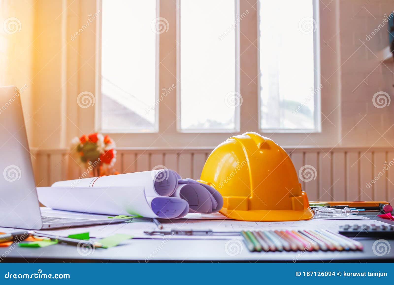 Engineers and Architects` Desk Filled with Blueprints, Stationery and ...