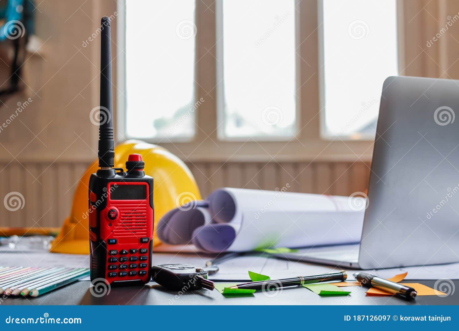 Engineers and Architects` Desk Filled with Blueprints, Stationery and ...