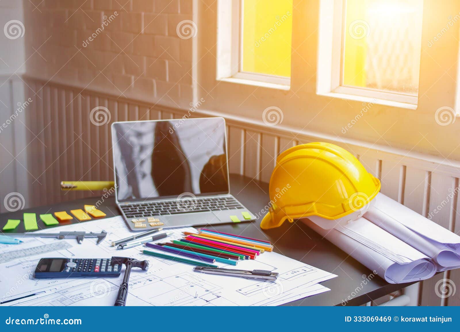 Engineers and Architects Desk Filled with Blueprints, Stationery and ...