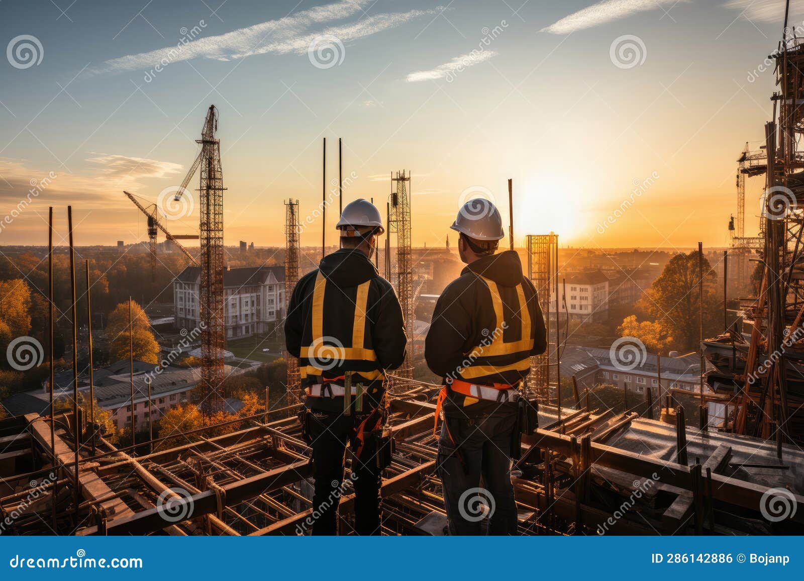 Two Architects Discussing Virtual Building Blueprints In A Cityscape ...