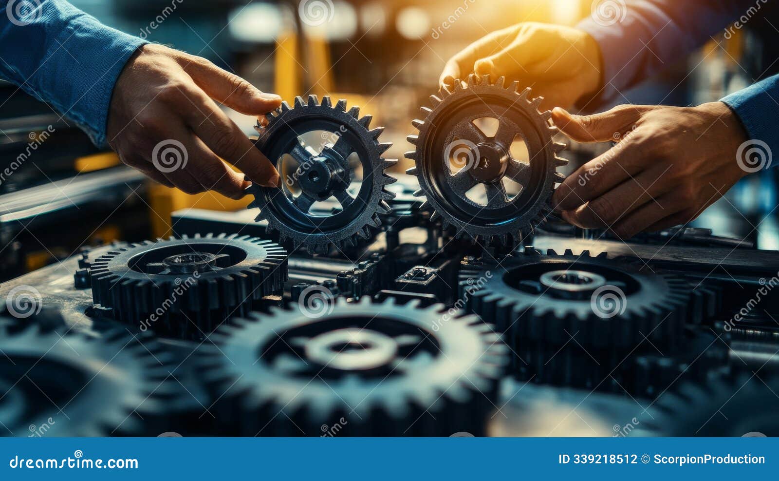Engineers Assembling Gears in Factory, Teamwork Concept Stock Photo ...