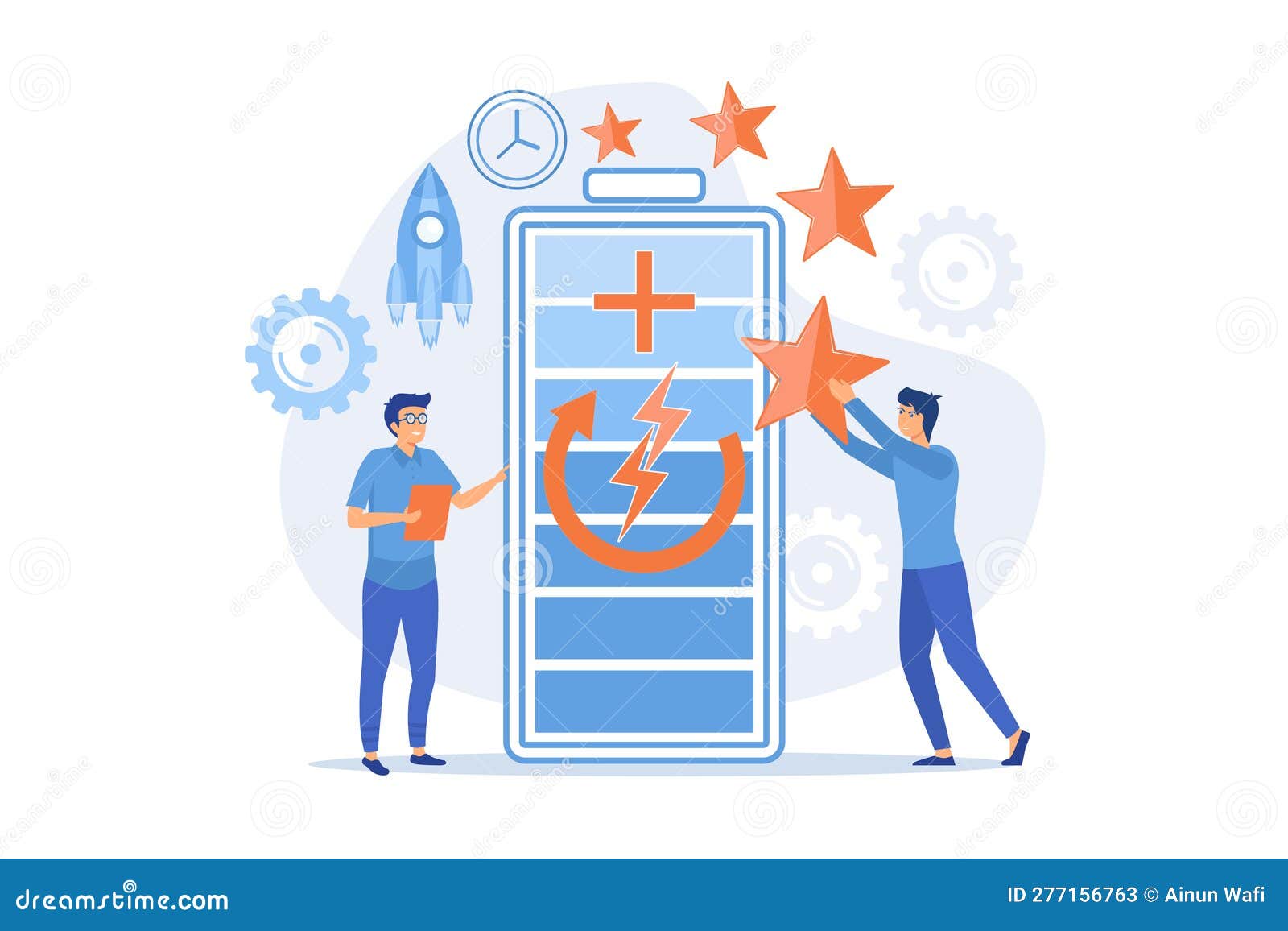 Engineers with Battery Charging, Clock and Stars with Rocket. Fast ...