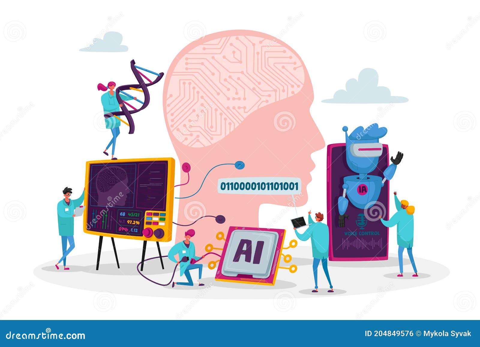 Engineers Characters Create and Programming Artificial Intelligence. Robot Hardware, Software ...