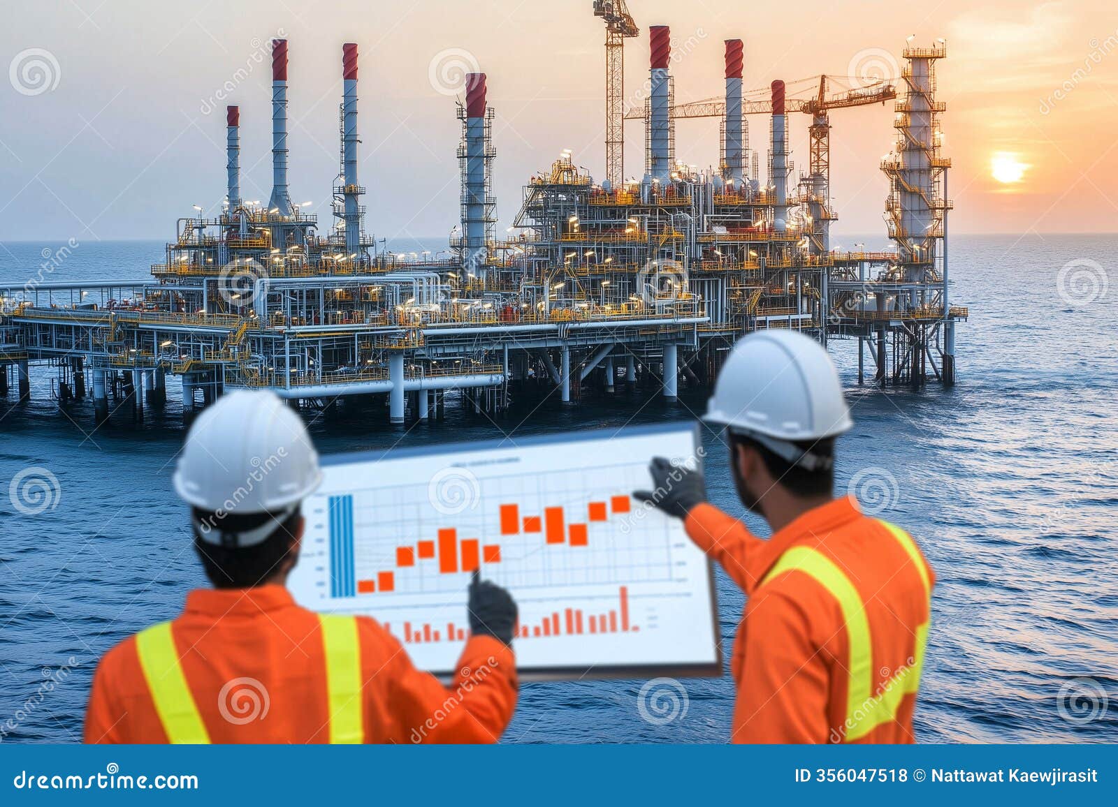 Engineers Collaborating on Construction Project Overlooking Offshore ...