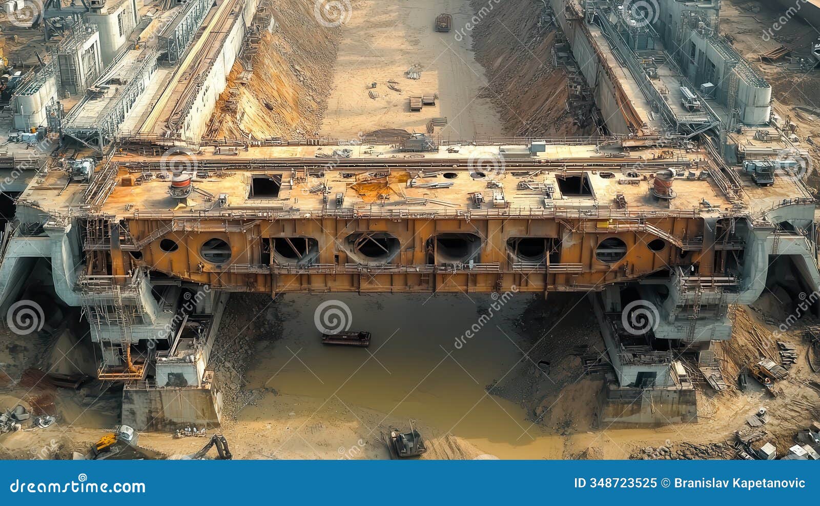 Engineers Constructing a Large Bridge Over Water in an Industrial Area ...