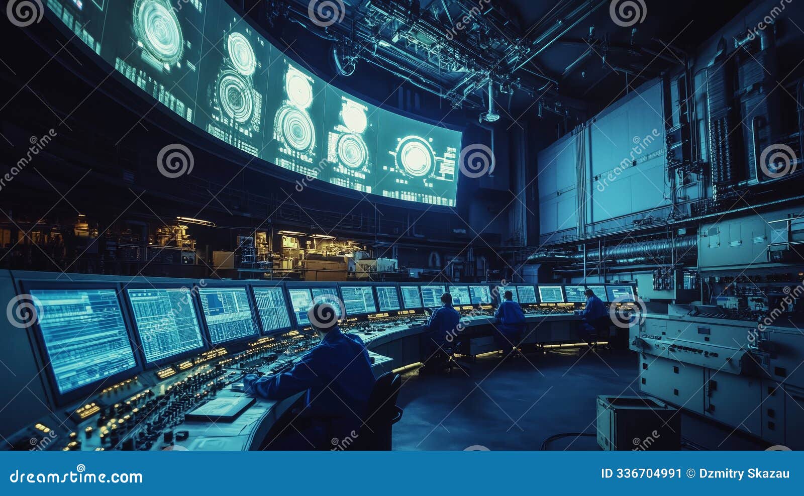 Engineers in Dark Blue Overalls Collaborate at Advanced Control Station ...
