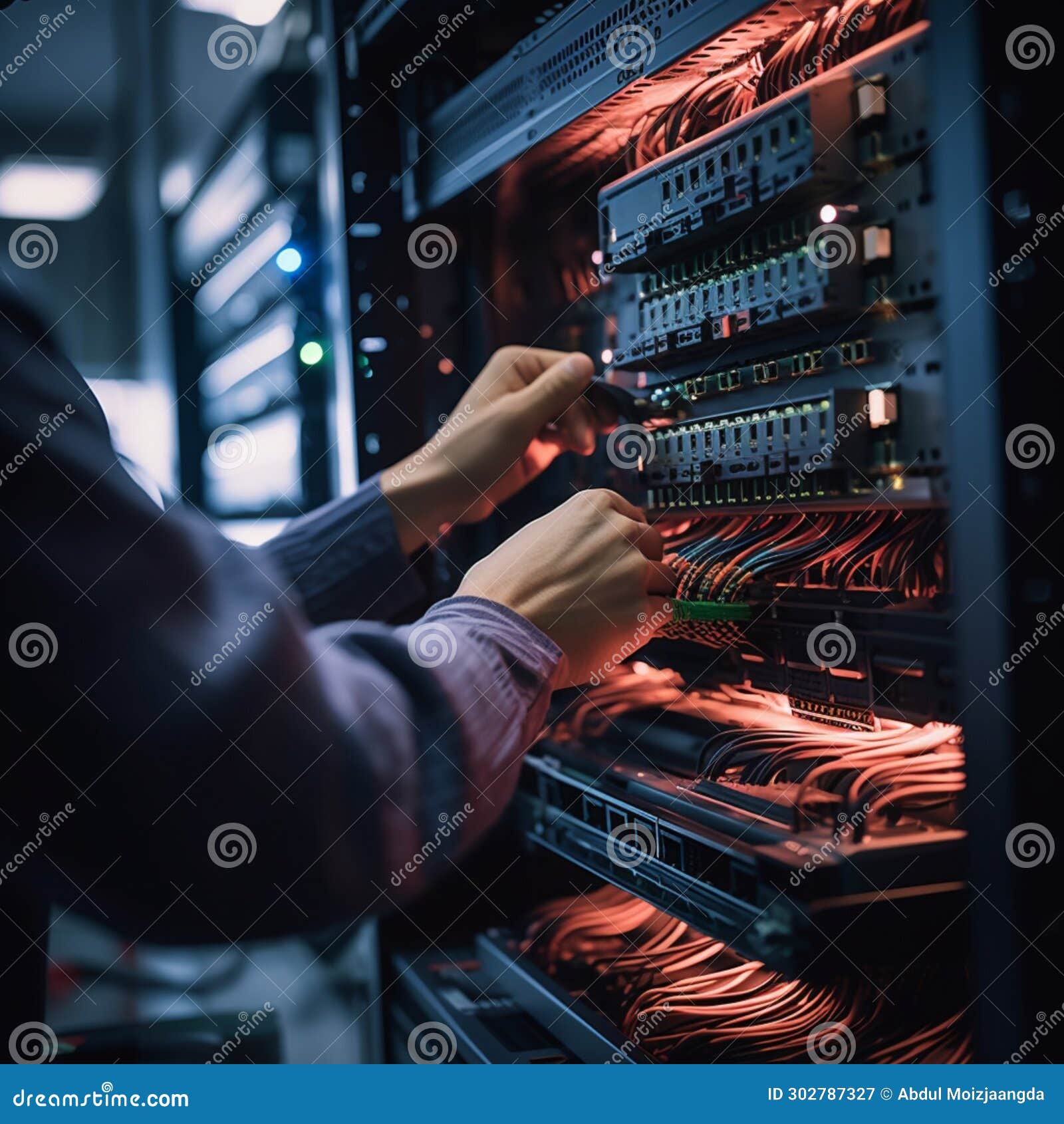 It Engineers Hands Close Up, Installing Fiber Cable in Data Center ...