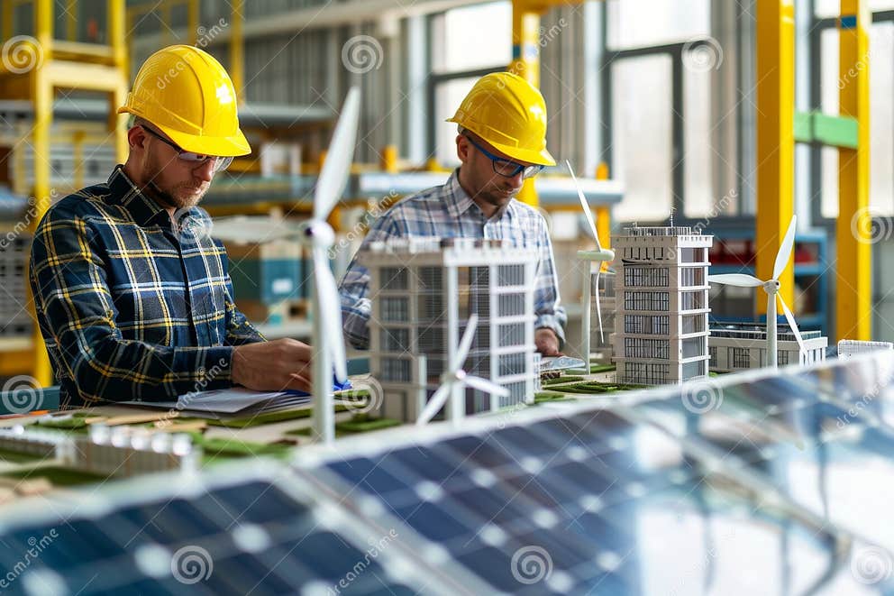 Engineers in a High Tech Lab Designing Turbine Models and Solar Panel ...