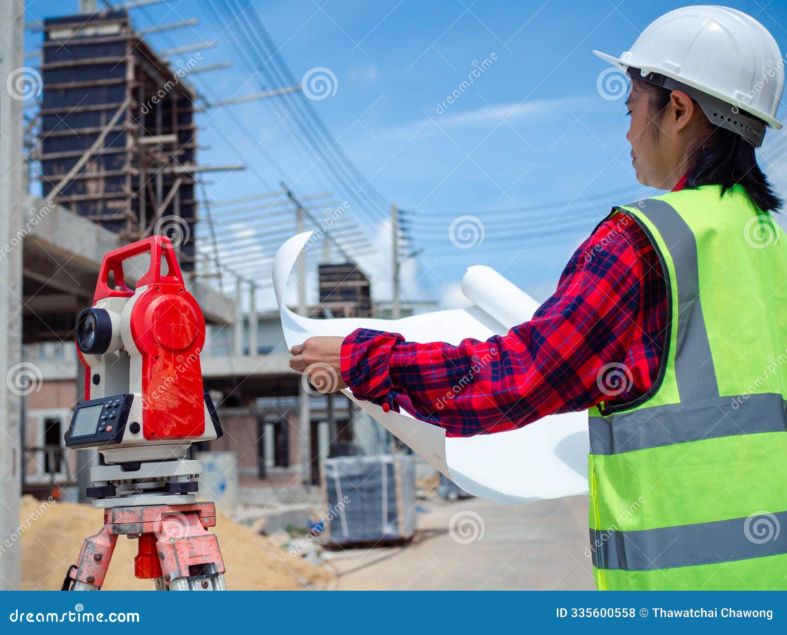 Engineers Holding Blueprint Project Working Outdoors Building Side With ...