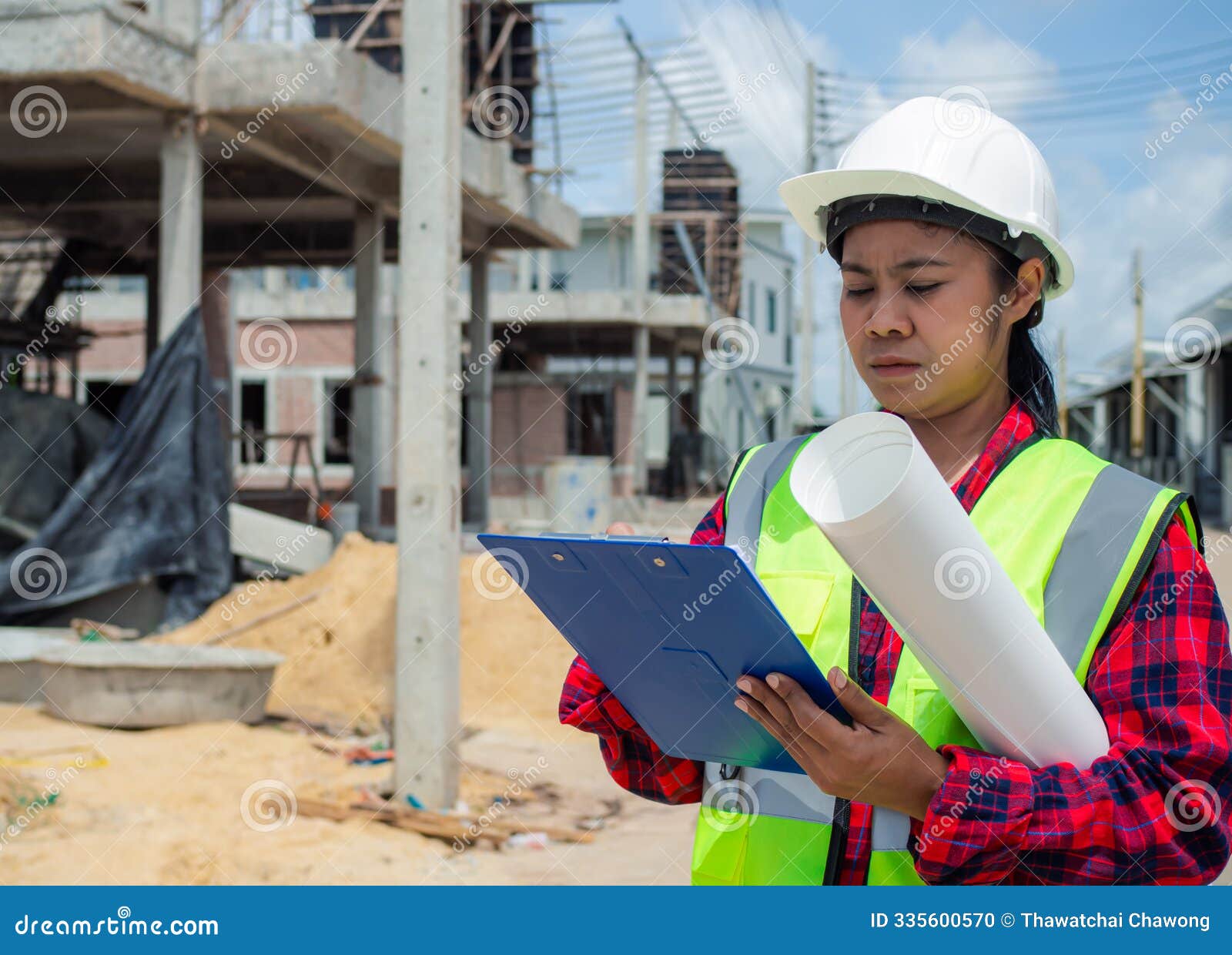 Engineers Holding Blueprint Project Working Outdoors Building Side With ...
