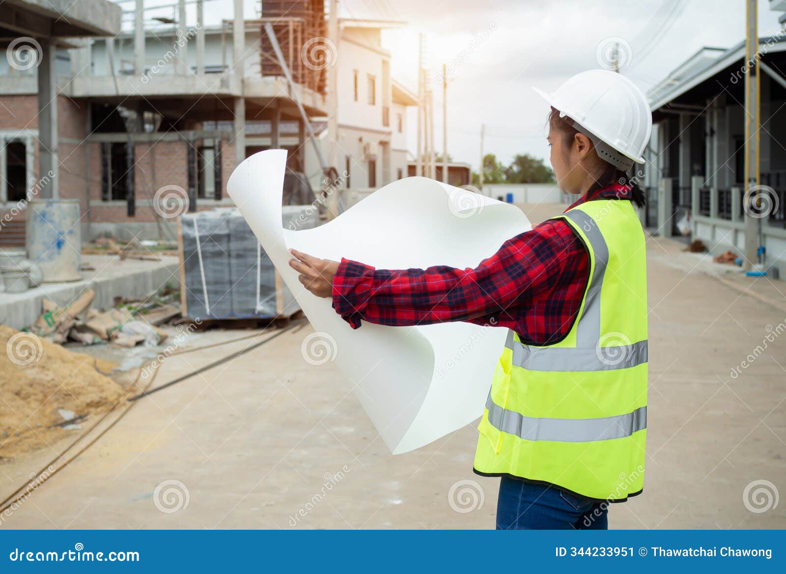 Engineers Holding Blueprint Project Working Outdoors Building Side with ...