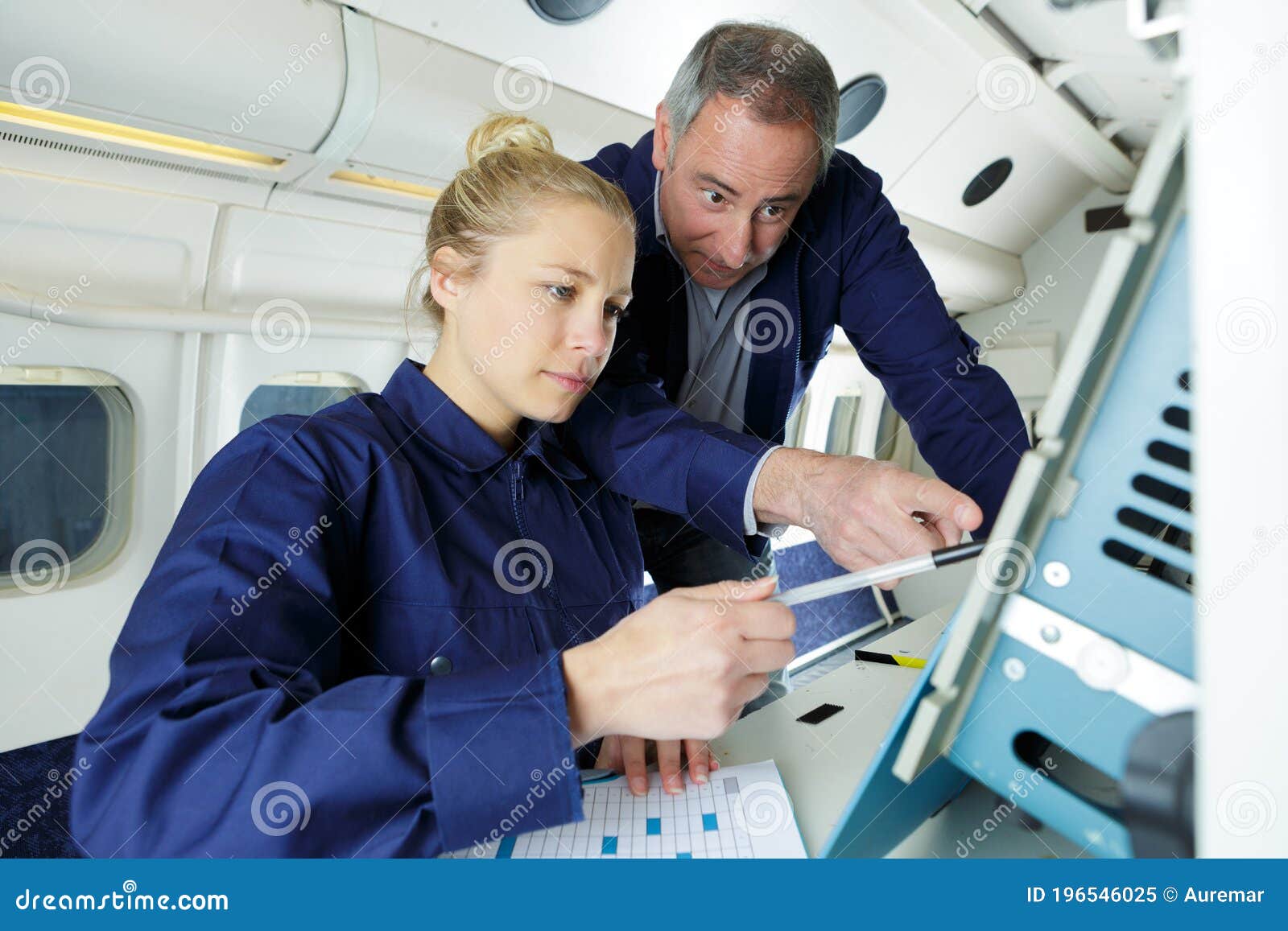 Engineers inside plane stock image. Image of headset - 196546025
