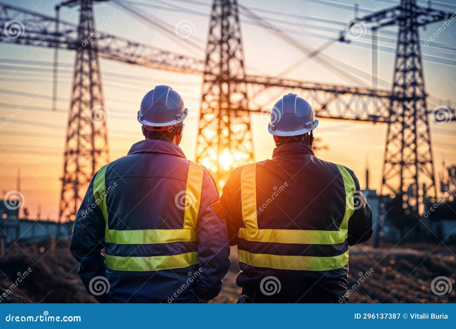 Back View of Two Engineers Standing on Construction Site and Looking at ...