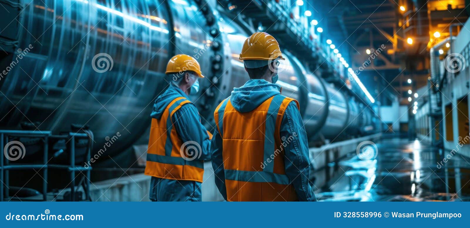 Engineers Inspecting Equipment at a Hydropower Facility, Highlighting ...