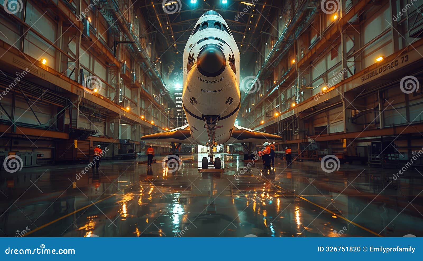 Engineers Inspecting Space Shuttle after Landing in Hangar Stock ...