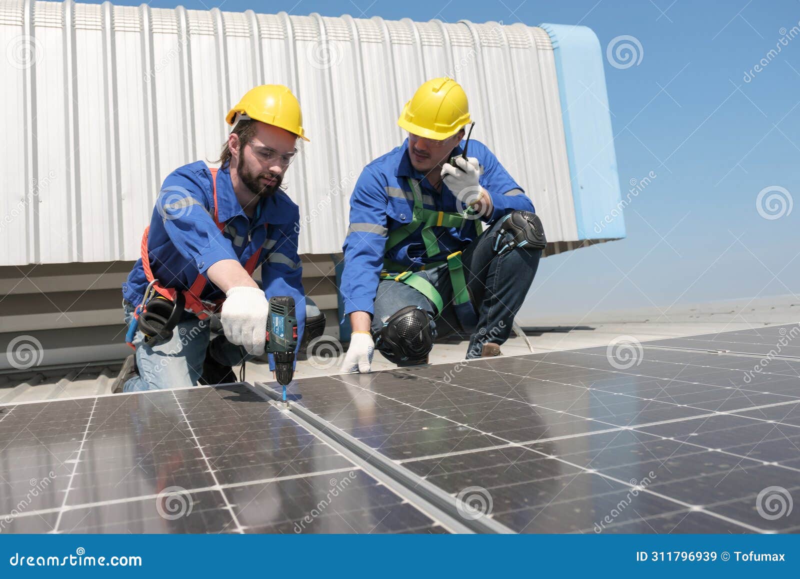 Engineers Install Solae Cell on the Roof of Factory Stock Image - Image ...