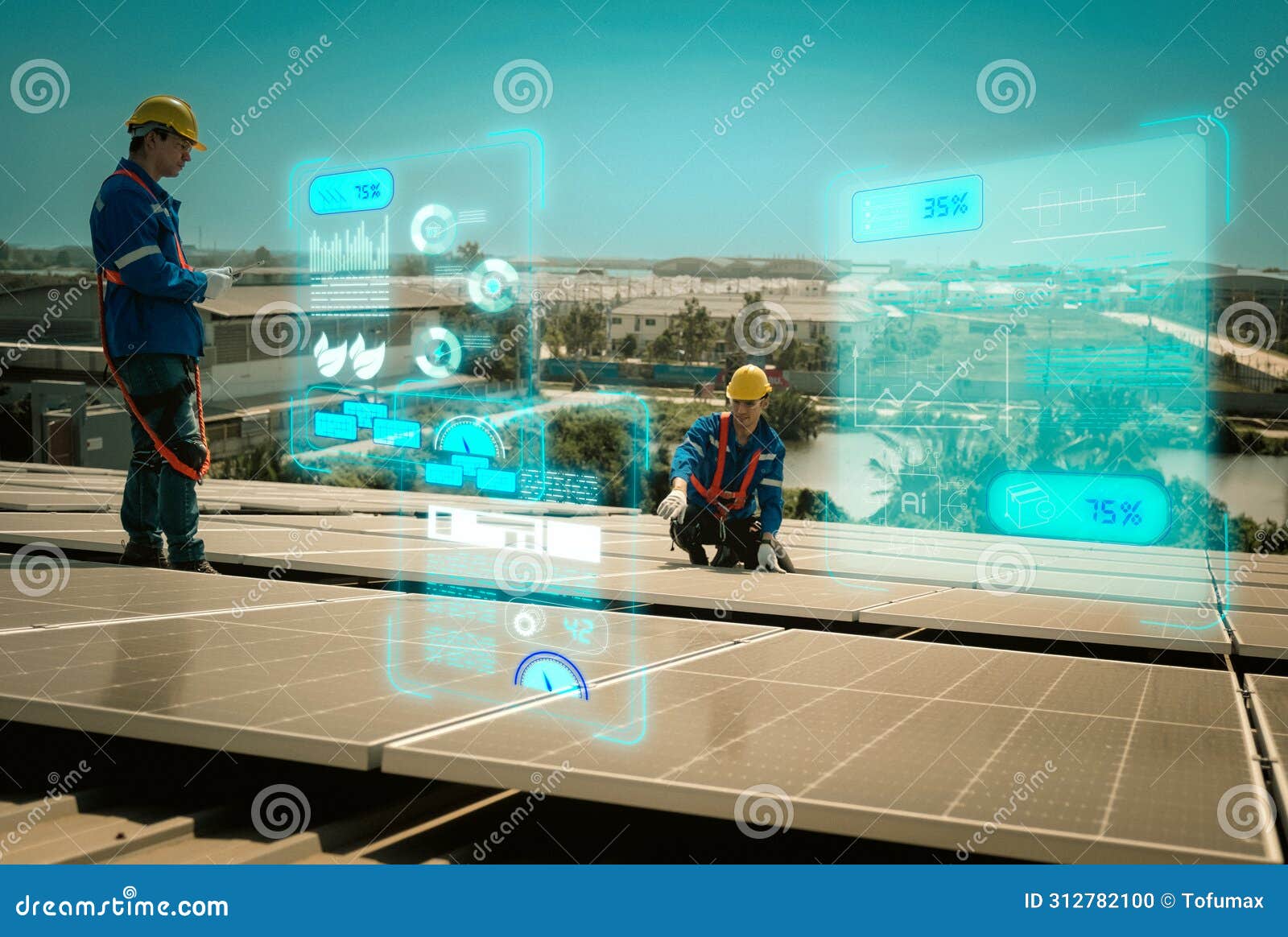 Engineers Install Solae Cell on the Roof of Factory Stock Photo - Image ...