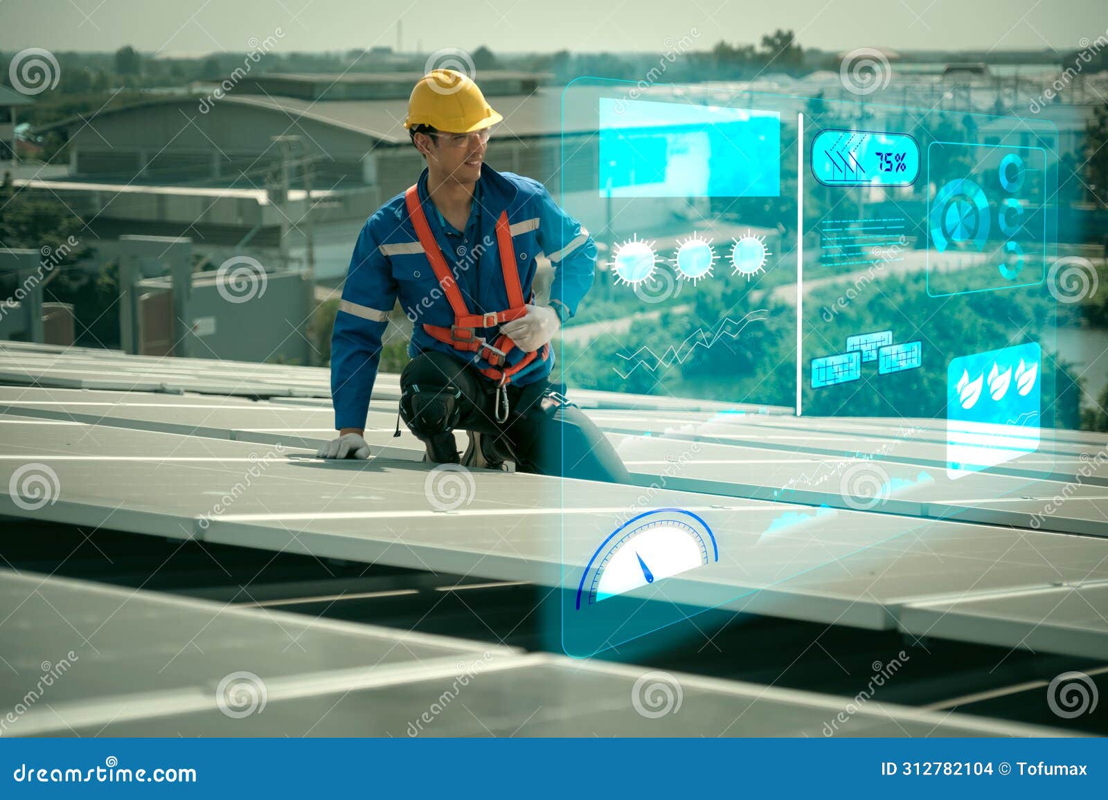 Engineers Install Solae Cell on the Roof of Factory Stock Photo - Image ...