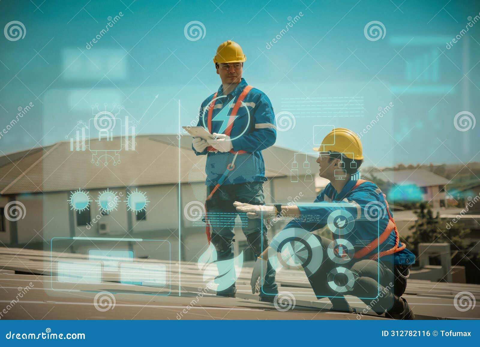 Engineers Install Solae Cell on the Roof of Factory Stock Photo - Image ...