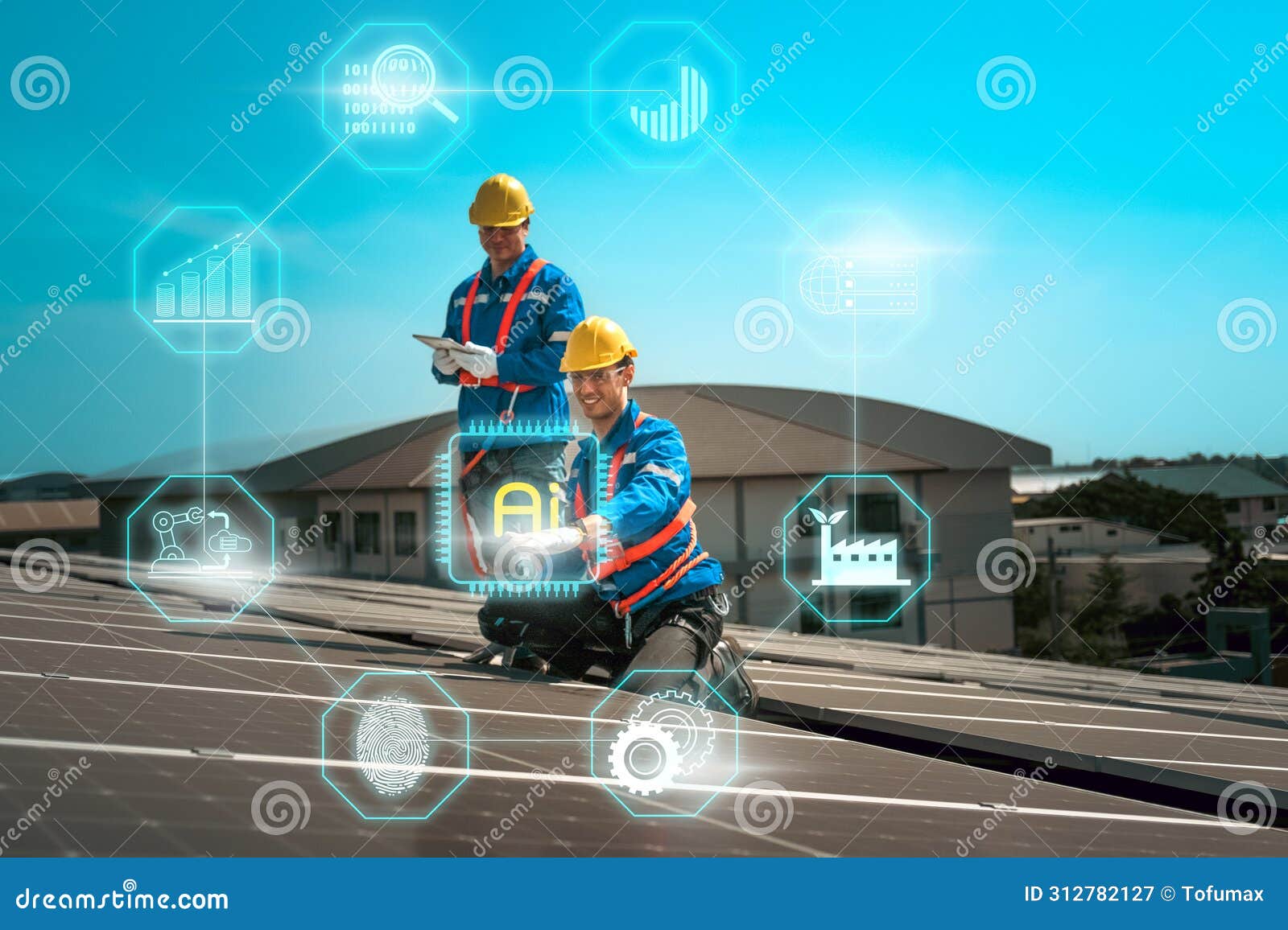 Engineers Install Solae Cell on the Roof of Factory Stock Image - Image ...