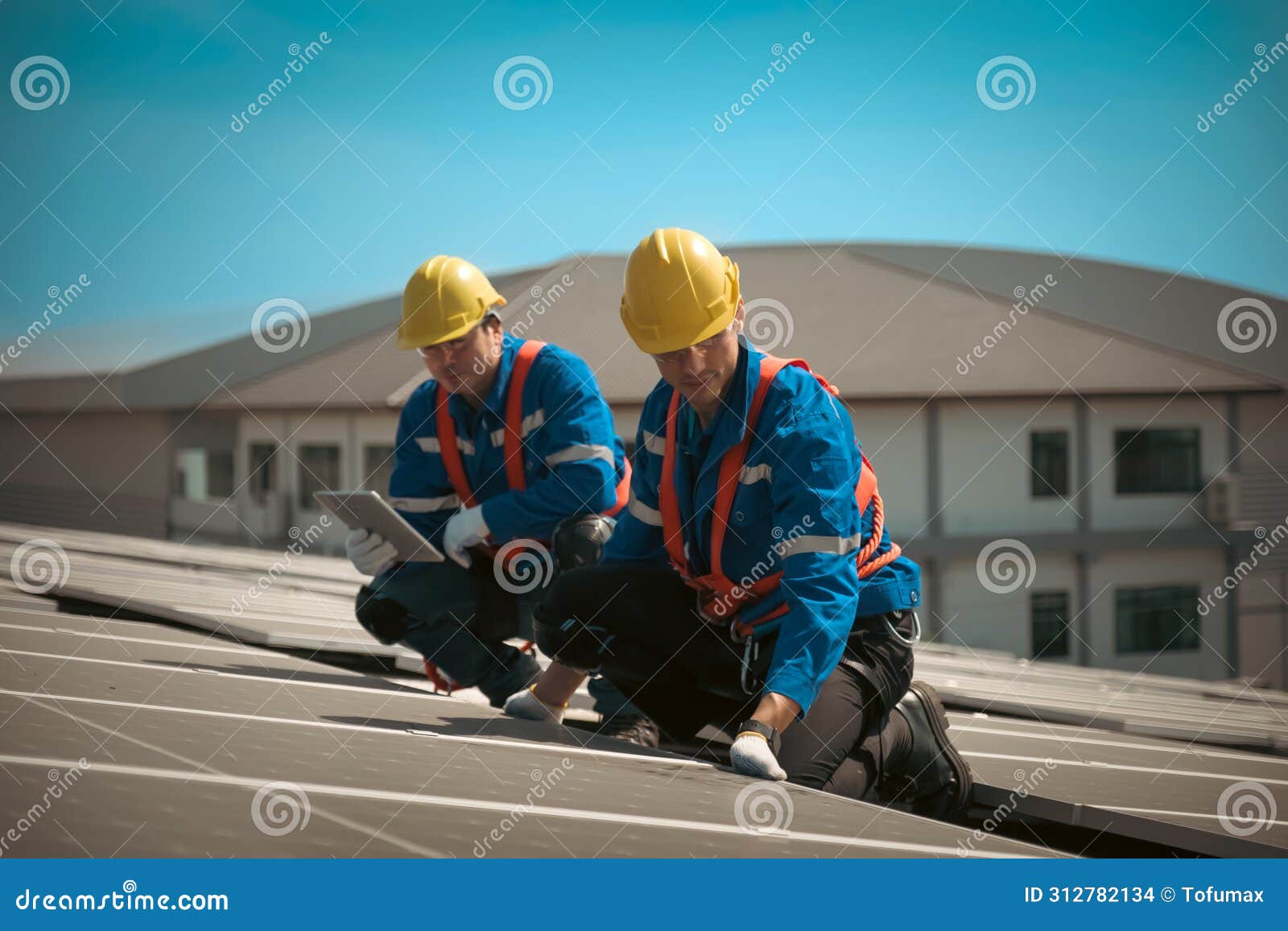 Engineers Install Solae Cell on the Roof of Factory Stock Photo - Image ...