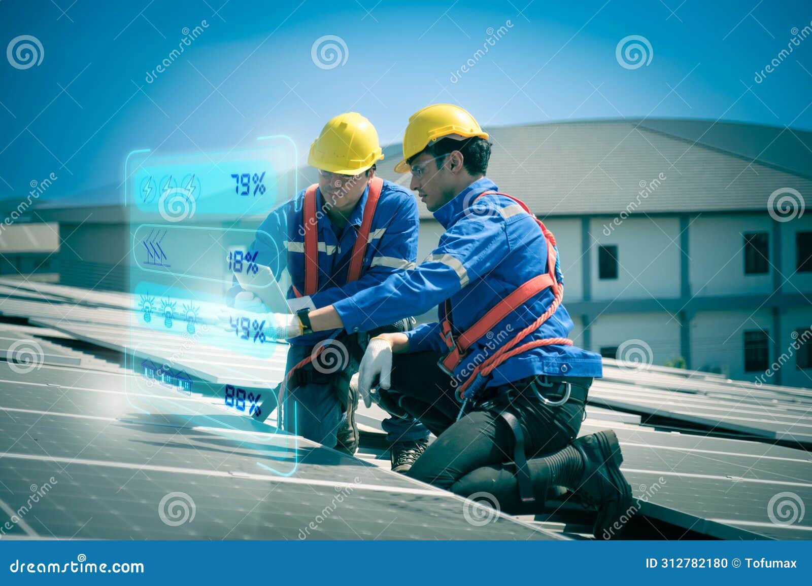 Engineers Install Solae Cell on the Roof of Factory Stock Photo - Image ...