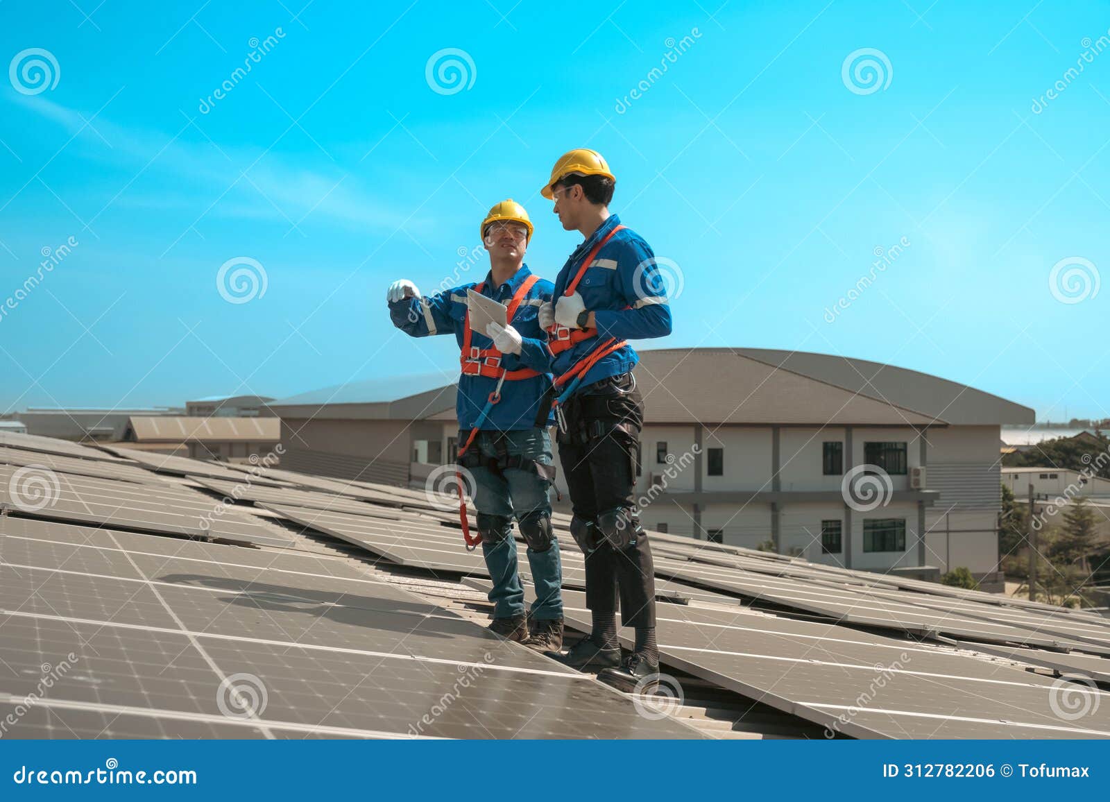 Engineers Install Solae Cell on the Roof of Factory Stock Photo - Image ...
