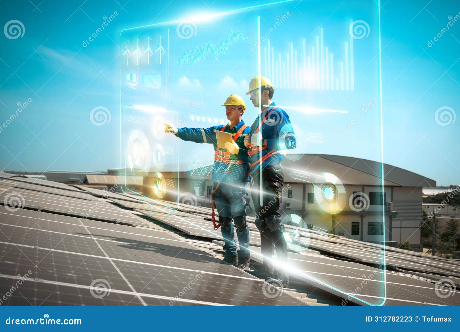 Engineers Install Solae Cell on the Roof of Factory Stock Image - Image ...
