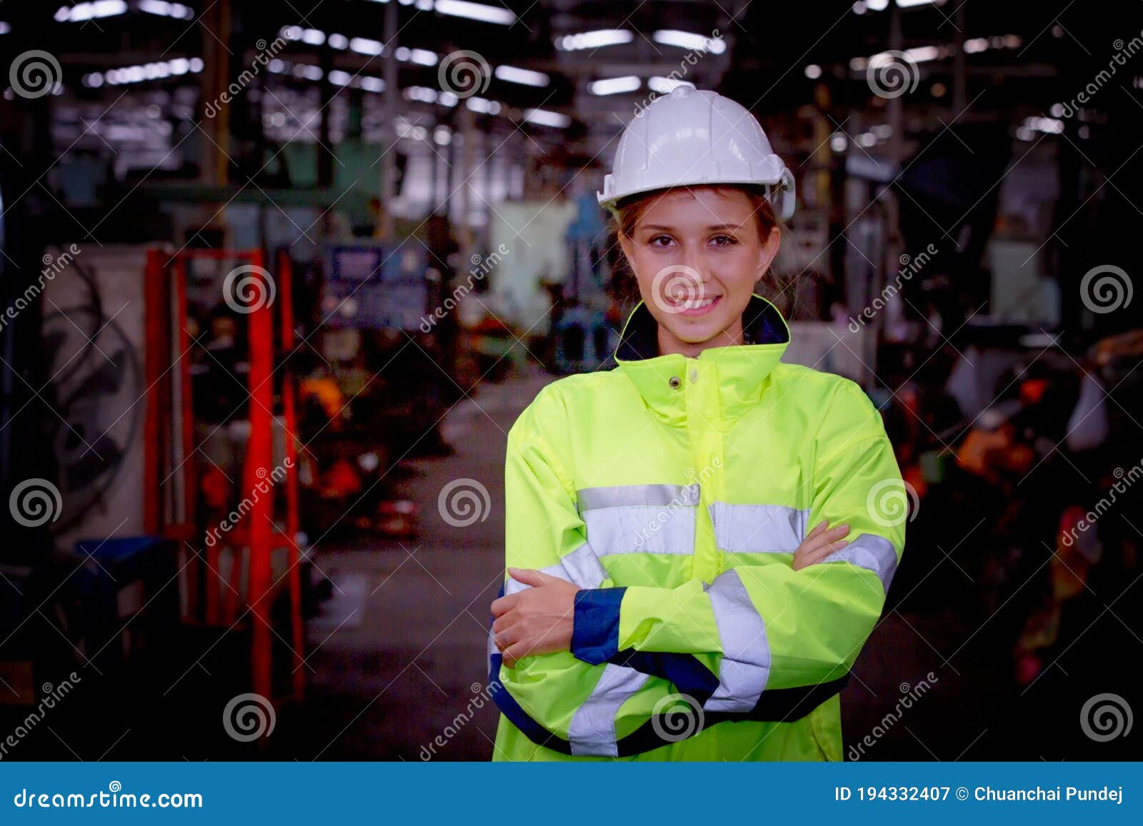 Portrait of Female Engineer Standing with Confident Against Machine ...