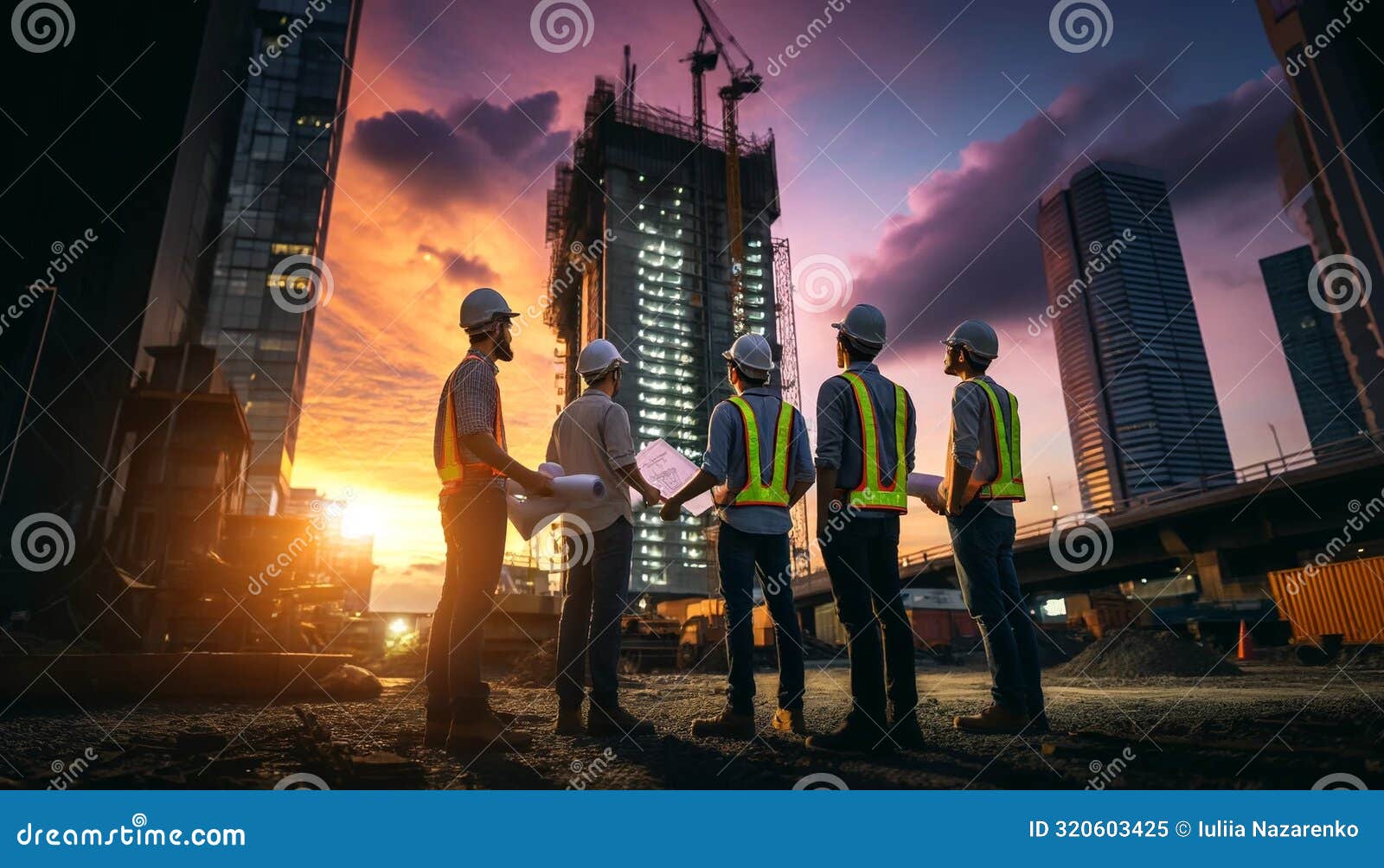 Engineers Oversee the Construction of a High Rise Building, at Sunset ...