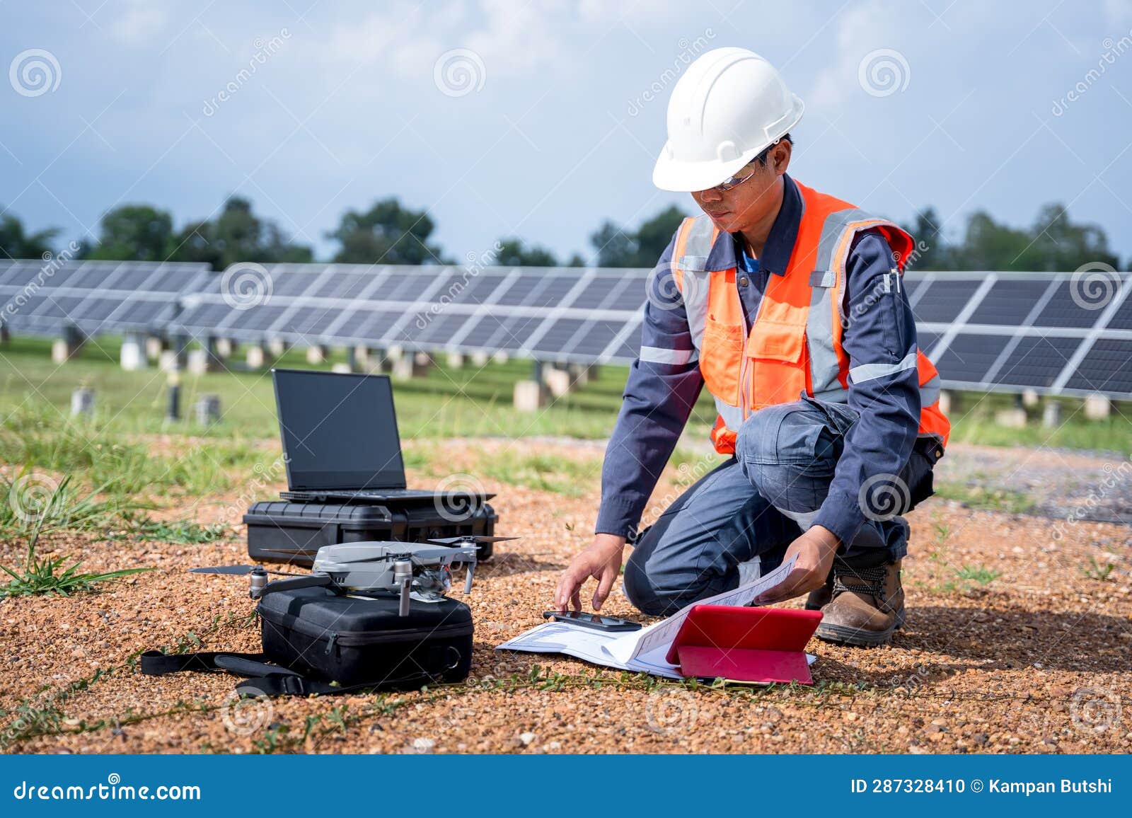 Engineers Preparing Drones To Fly, Inspecting the Solar Cells at High ...