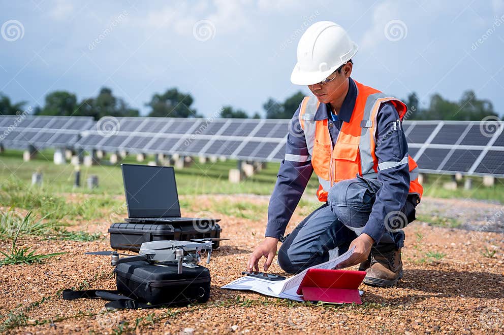 Engineers Preparing Drones To Fly, Inspecting the Solar Cells at High ...