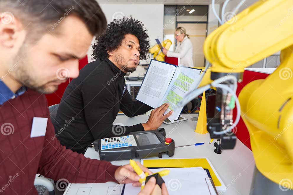 Engineers Programming Industrial Robots with Gripper Arms in Technology ...