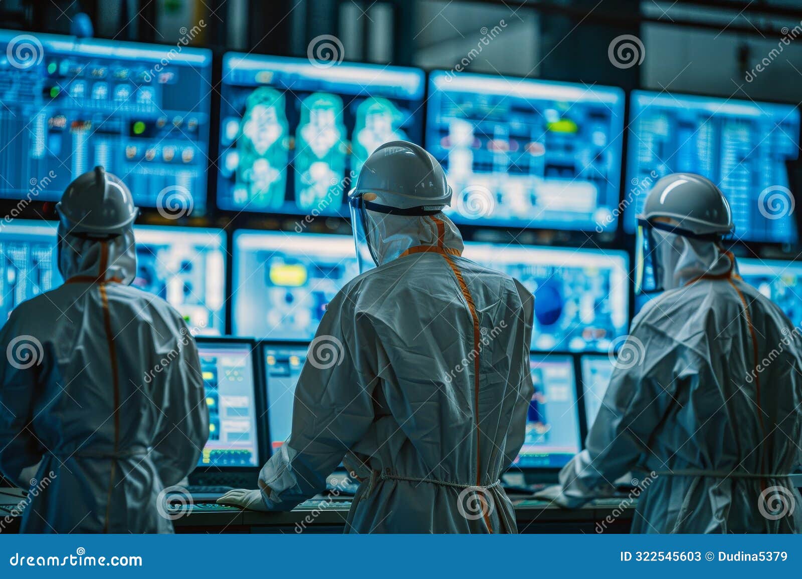 Engineers in Protective Gear Operating Control Panel in Nuclear Plant ...