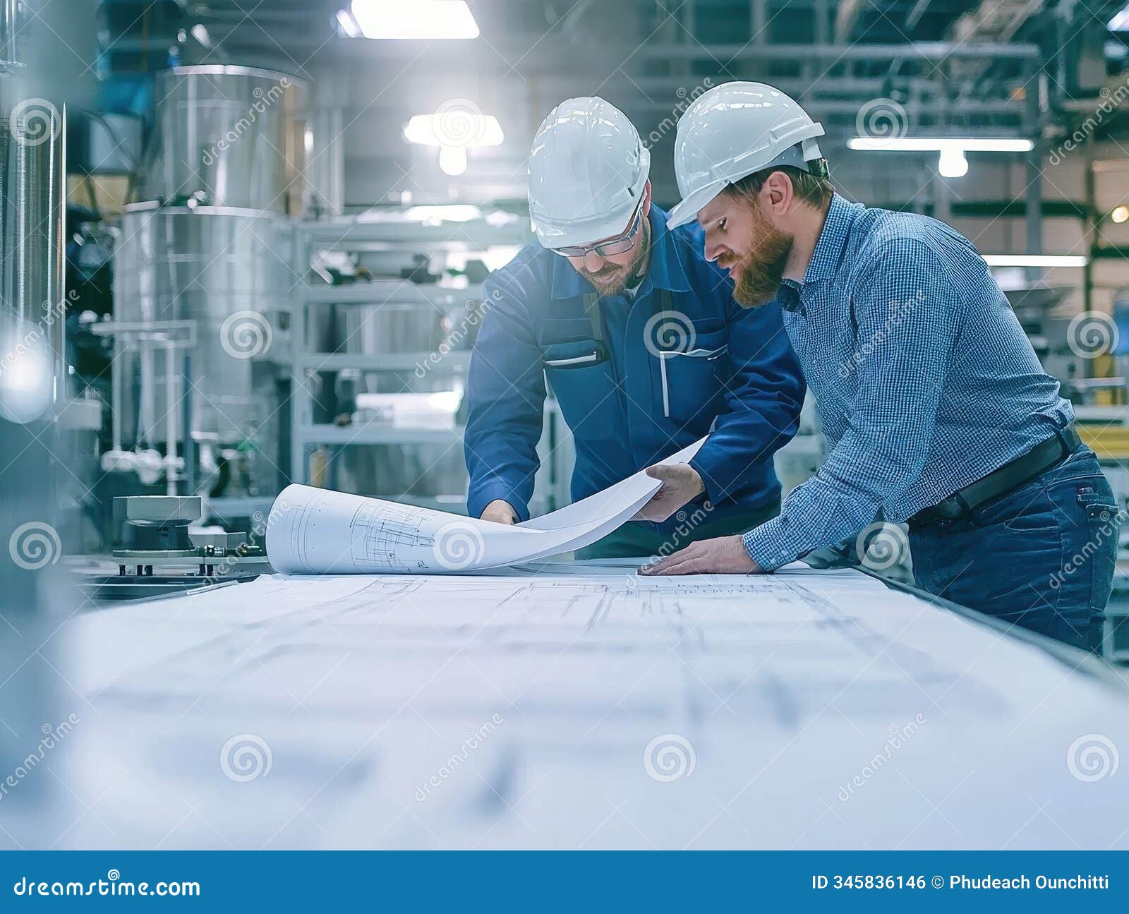 Engineers Reviewing Blueprints in a Modern Industrial Facility ...