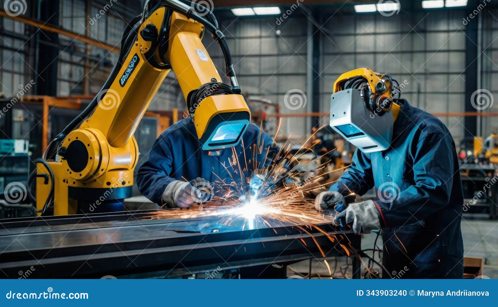 Engineers and Robot Arm Performing Arc Welding in Factory Stock Photo ...