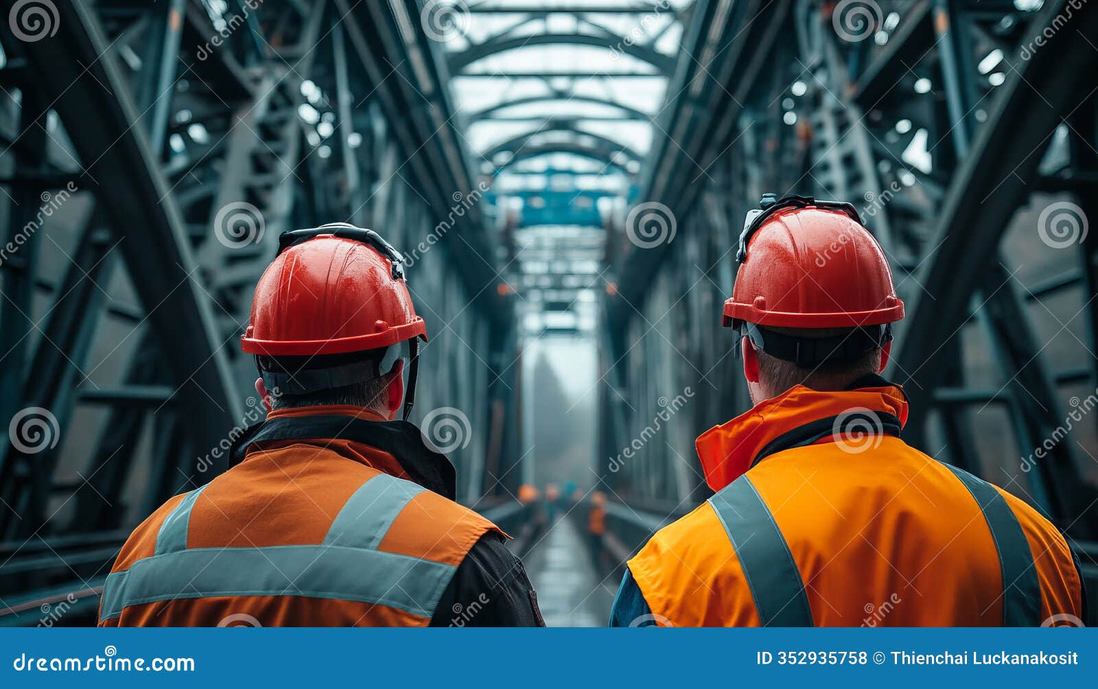 Engineers in Safety Gear Inspecting Bridge Structure with Focus Stock ...