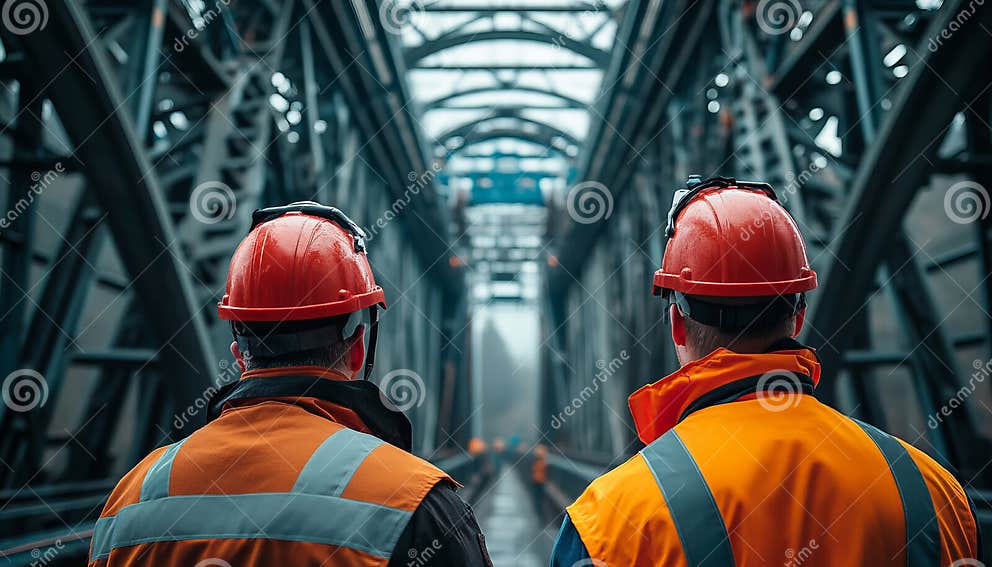 Engineers in Safety Gear Inspecting Bridge Structure with Focus Stock ...
