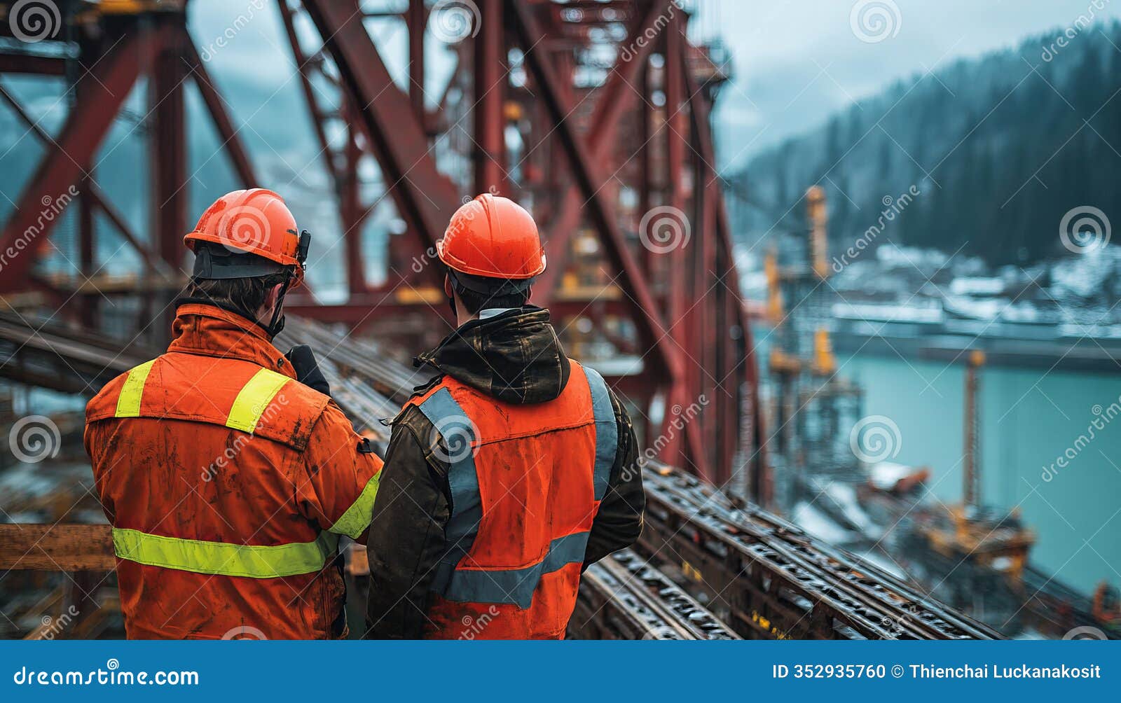 Engineers in Safety Gear Observing Construction Site Progress Stock Illustration - Illustration ...