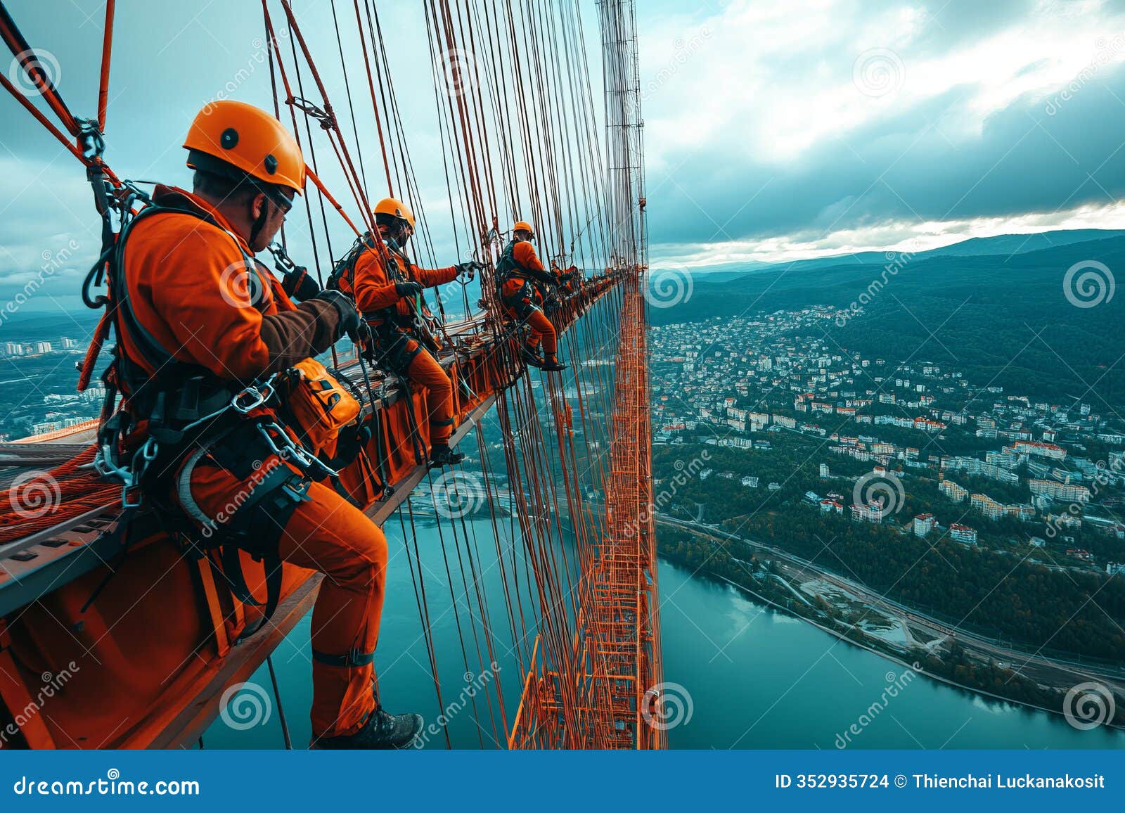 Engineers in Safety Harnesses Working on High Structure, Showcasing ...