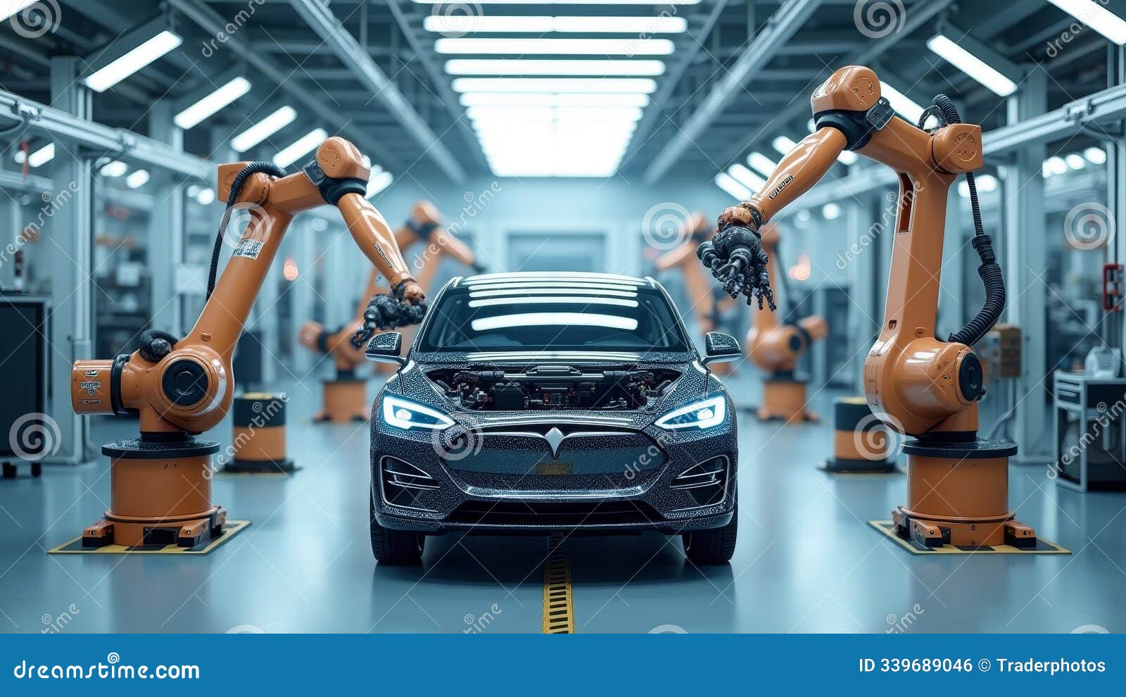 Futuristic Electric Car Assembly Line Stock Illustration - Illustration ...