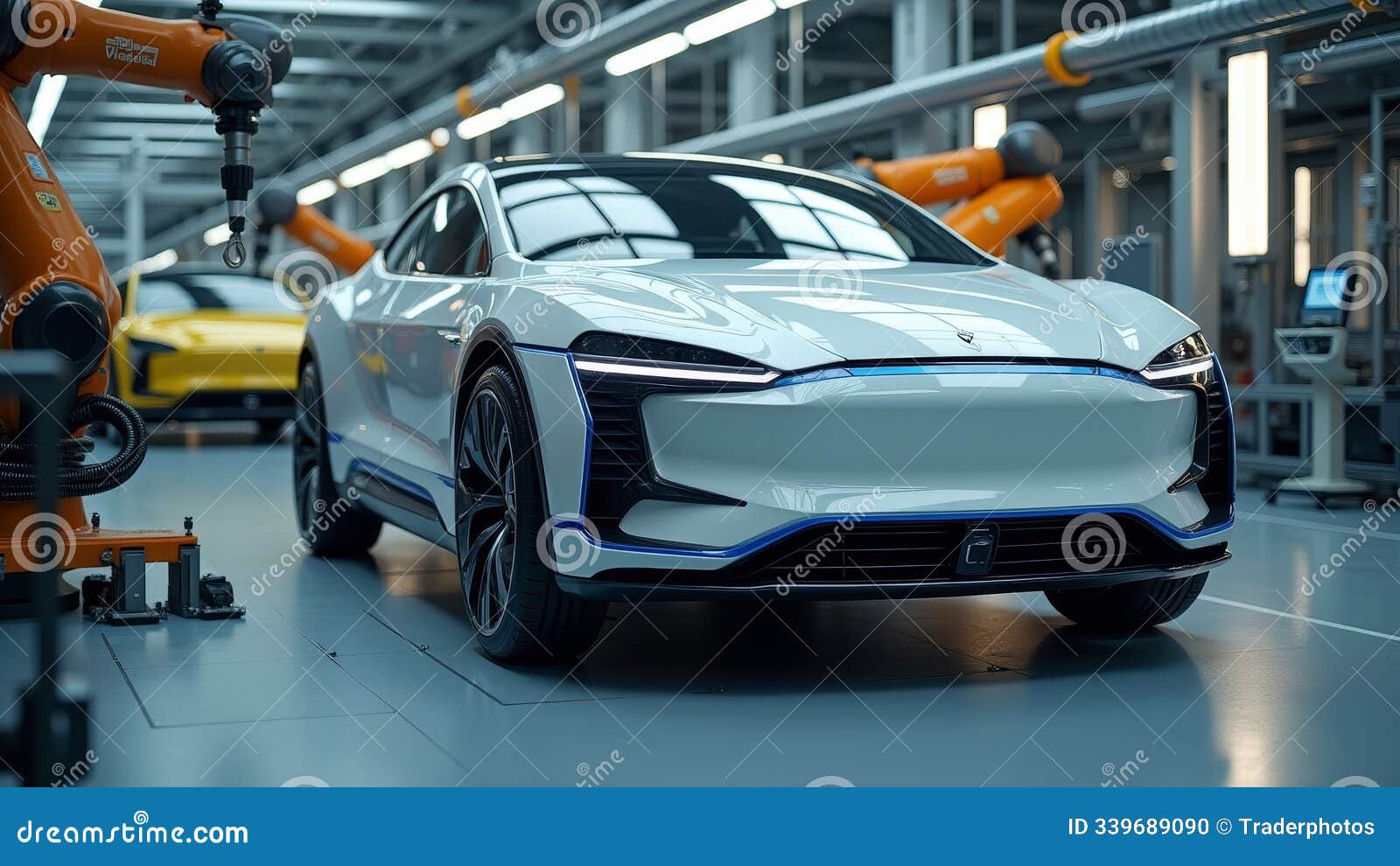 Futuristic Electric Car Assembly Line Stock Illustration - Illustration ...