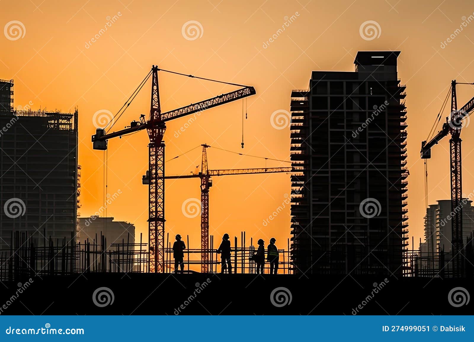 Silhouettes of Engineers at Construction Site at Sunset. Generative AI ...