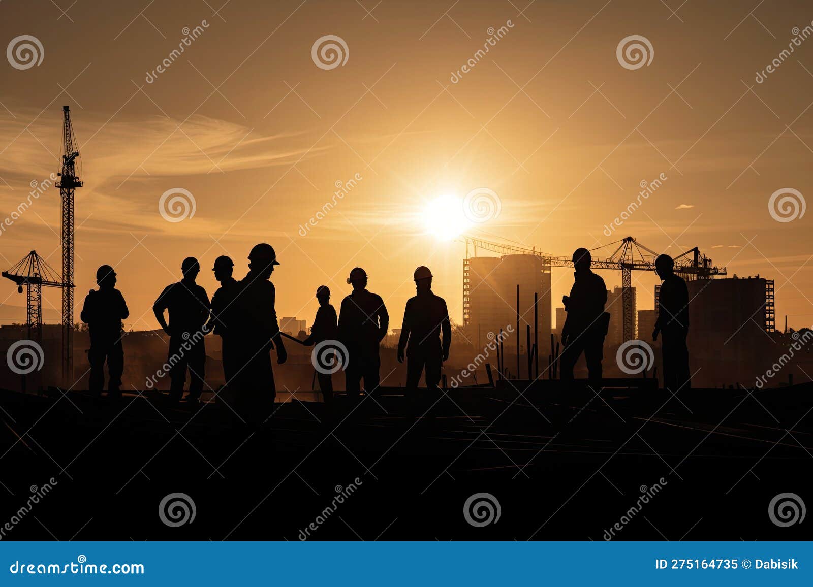 Silhouettes of Engineers at Construction Site at Sunset. Generative AI ...